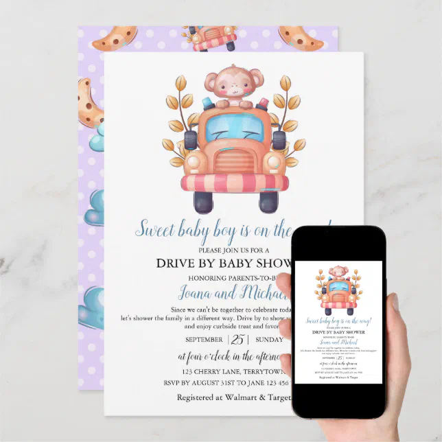 Cute Monkey Boy Baby Shower Drive Through Invitation | Zazzle