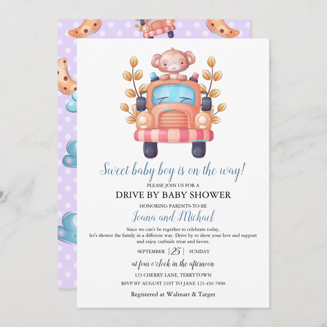 Cute Monkey Boy Baby Shower Drive Through Invitation | Zazzle