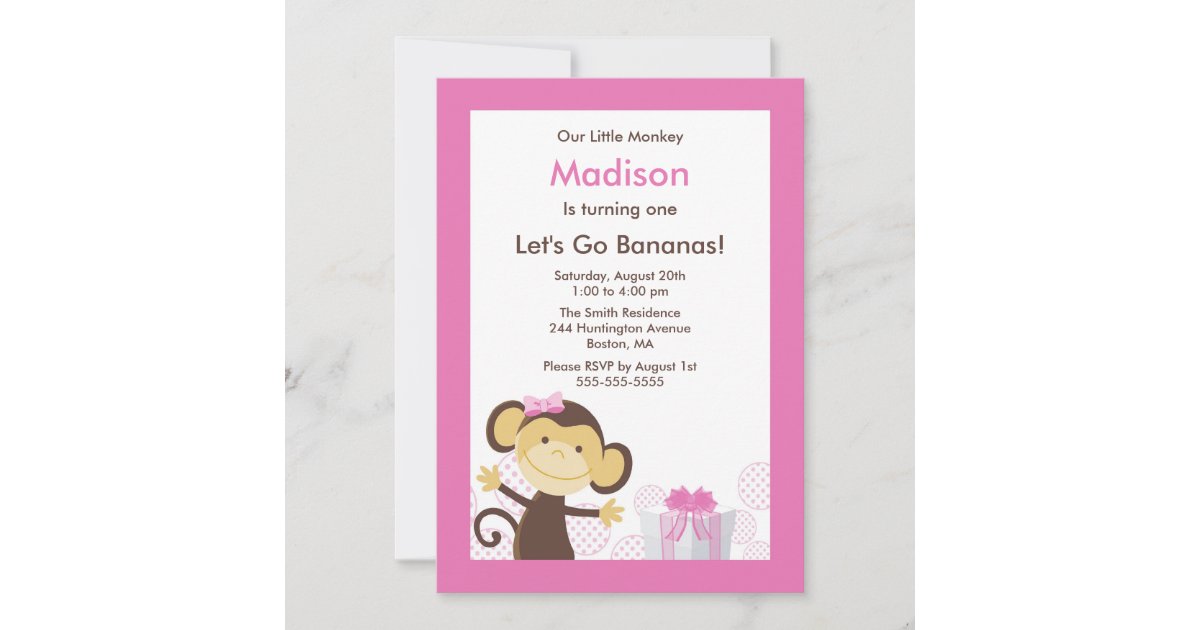 Cute Monkey Girl Birthday Invitation | Zazzle