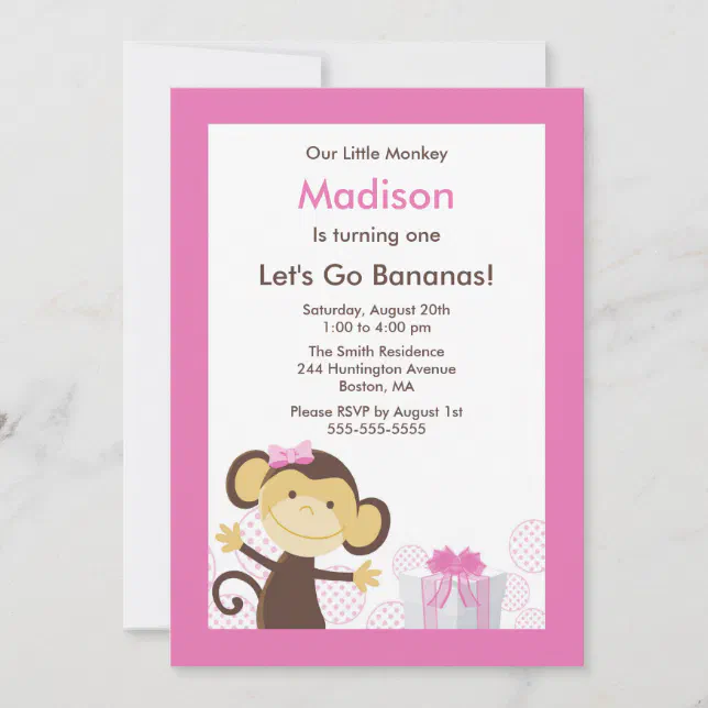 Cute Monkey Girl Birthday Invitation | Zazzle