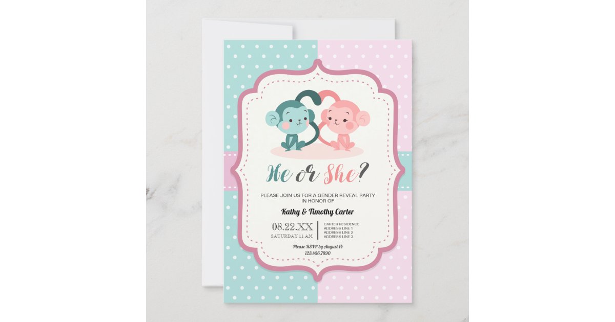 cute monkey polka dots gender reveal party hearts invitation | Zazzle