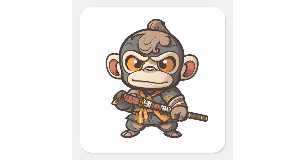 Cute Monkey Samurai Eye-catching Adorable Monkey Square Sticker | Zazzle