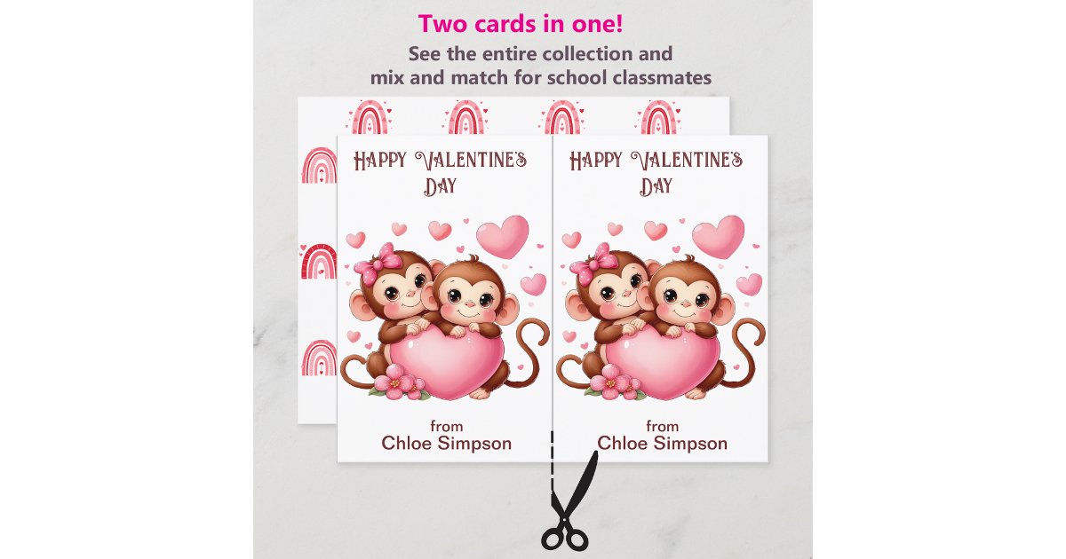 Cute Monkeys Kid's Valentine Party Classroom Card | Zazzle