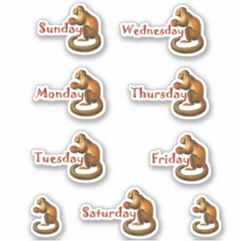Cute Monkeys | Red Font | Days of the Week Sticker | Zazzle