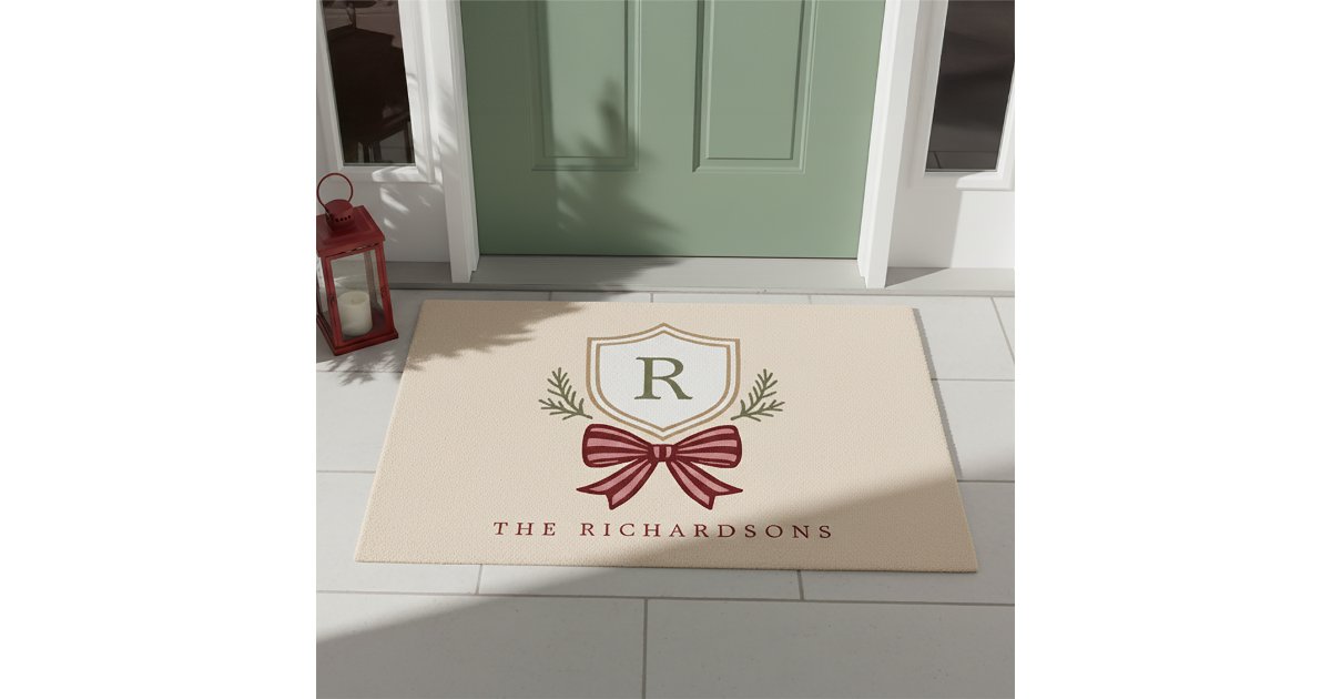 Cute Monogram Crest Holiday Bow Christmas Doormat | Zazzle