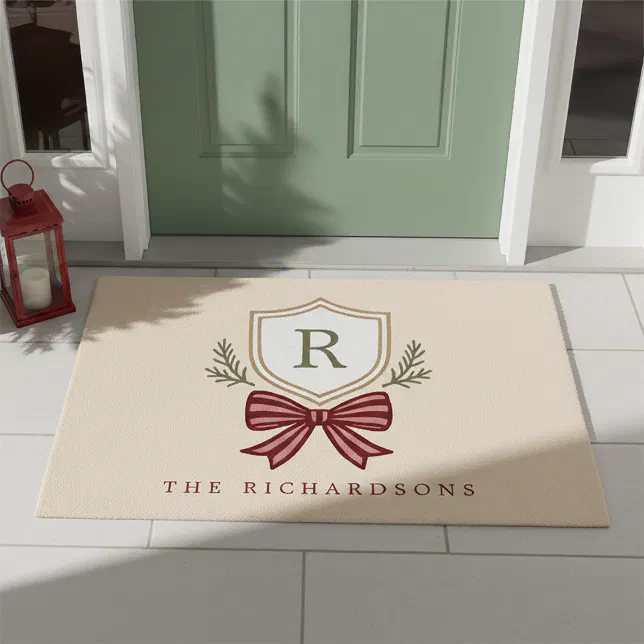 Cute Monogram Crest Holiday Bow Christmas Doormat | Zazzle