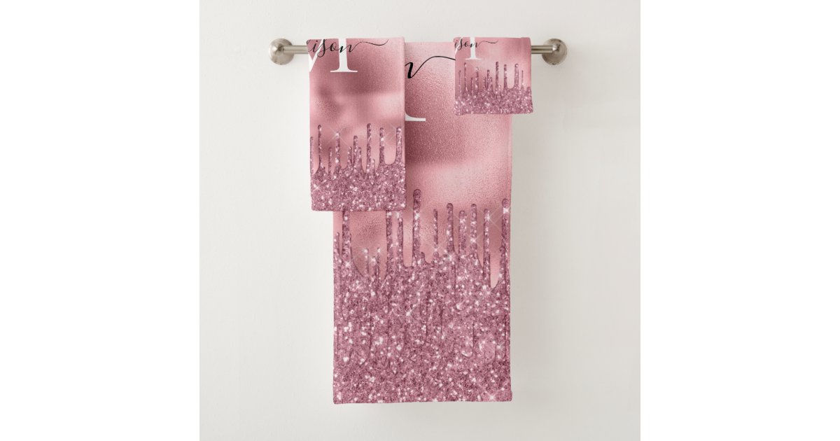 Cute Monogram Metallic Blush Pink Dripping Glitter Bath Towel Set | Zazzle