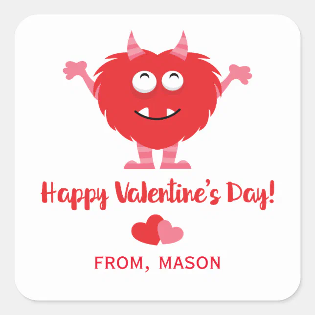 Cute Monster Red and Pink Hearts Valentine's Day Square Sticker | Zazzle