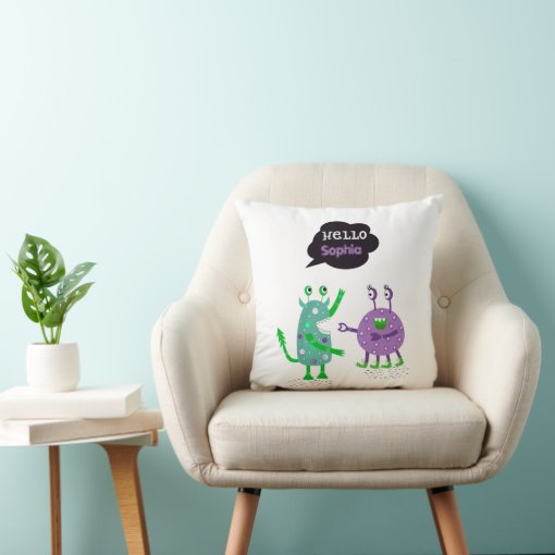 Cute Monsters say Hello Throw Pillow | Zazzle