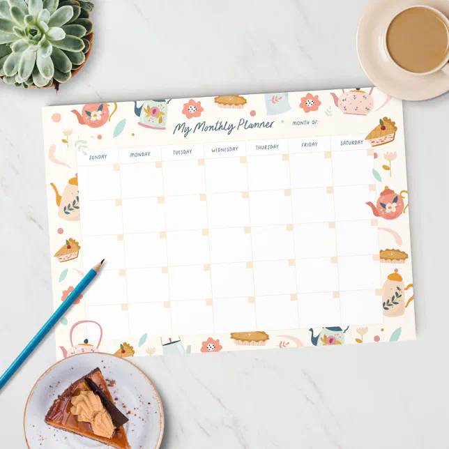 Cute Monthly Planner Tea Party Notepad | Zazzle