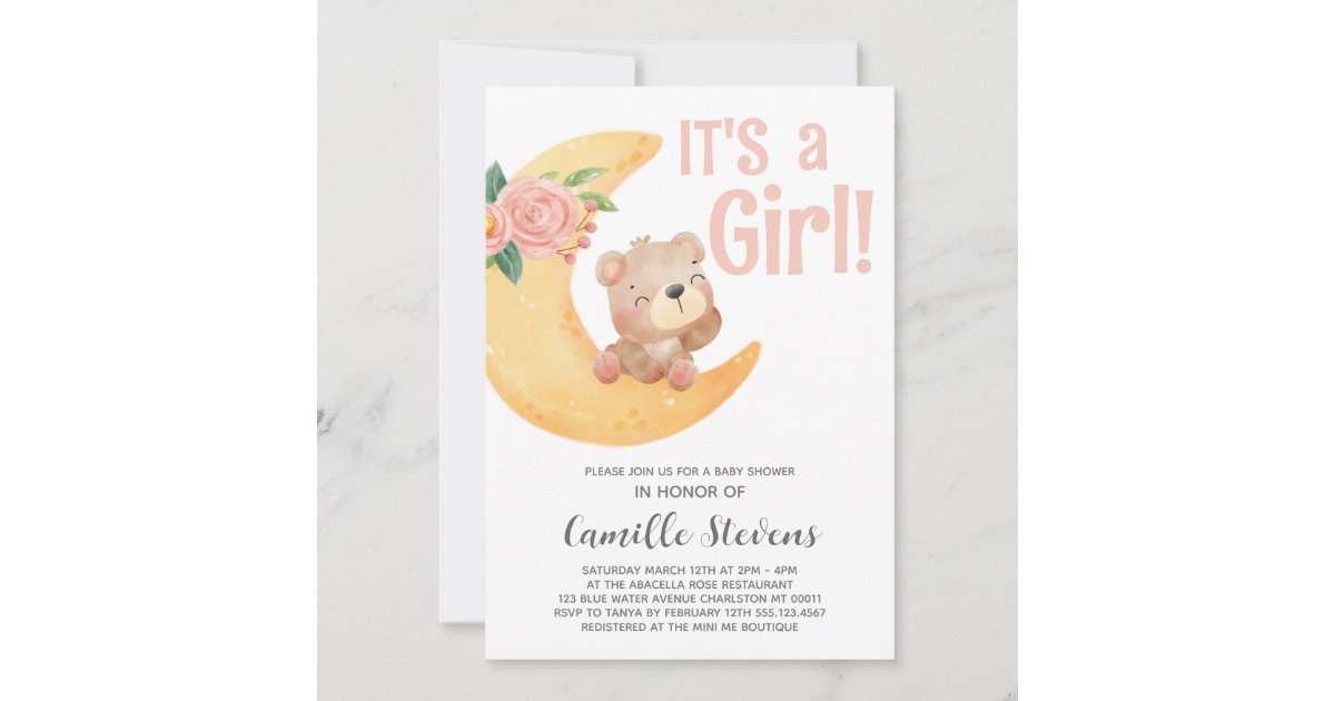 Cute Moon Bear Baby Shower Girl Invitation | Zazzle