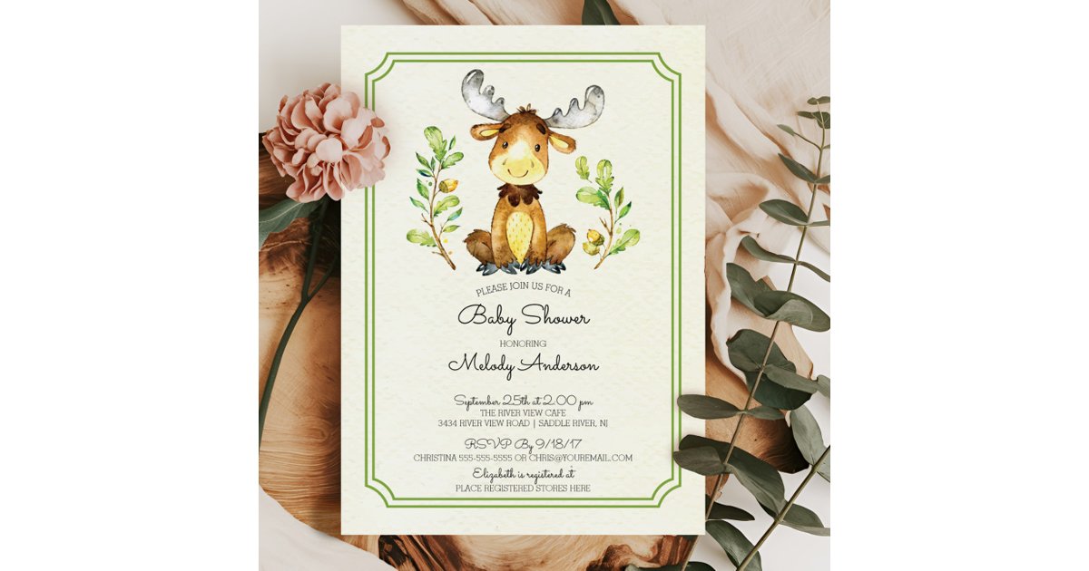 Cute Moose Woodland Baby Shower Invitation | Zazzle