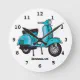 Cute moped motorcycle cartoon illustration round clock | Zazzle