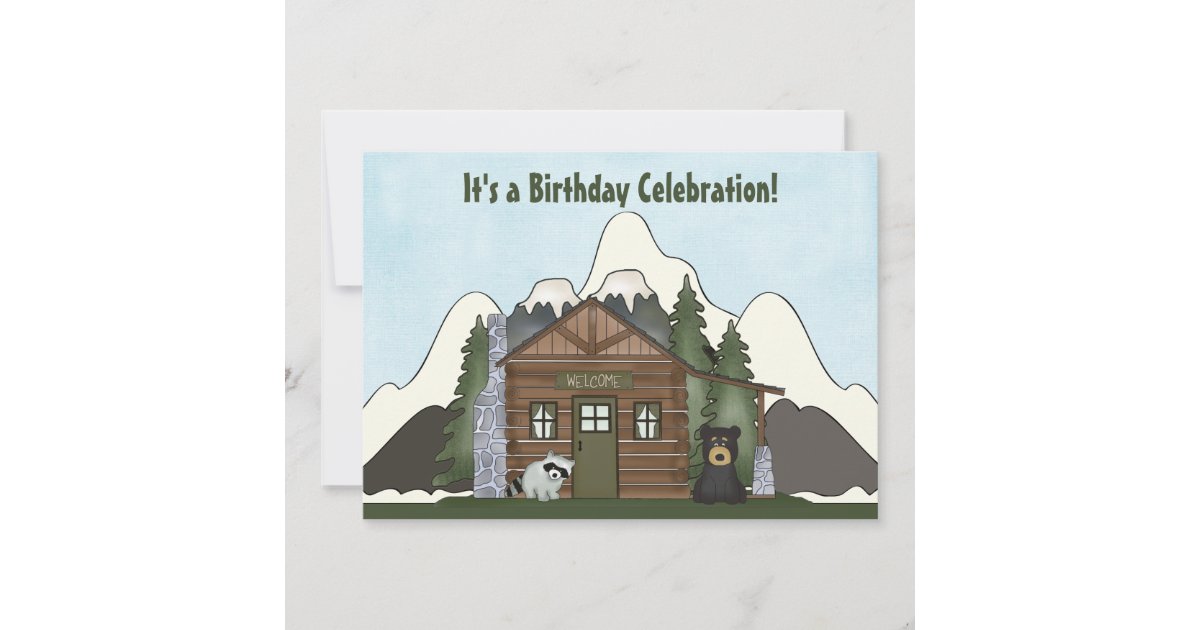 Cute Mountain Cabin with Bear Birthday Invitation | Zazzle
