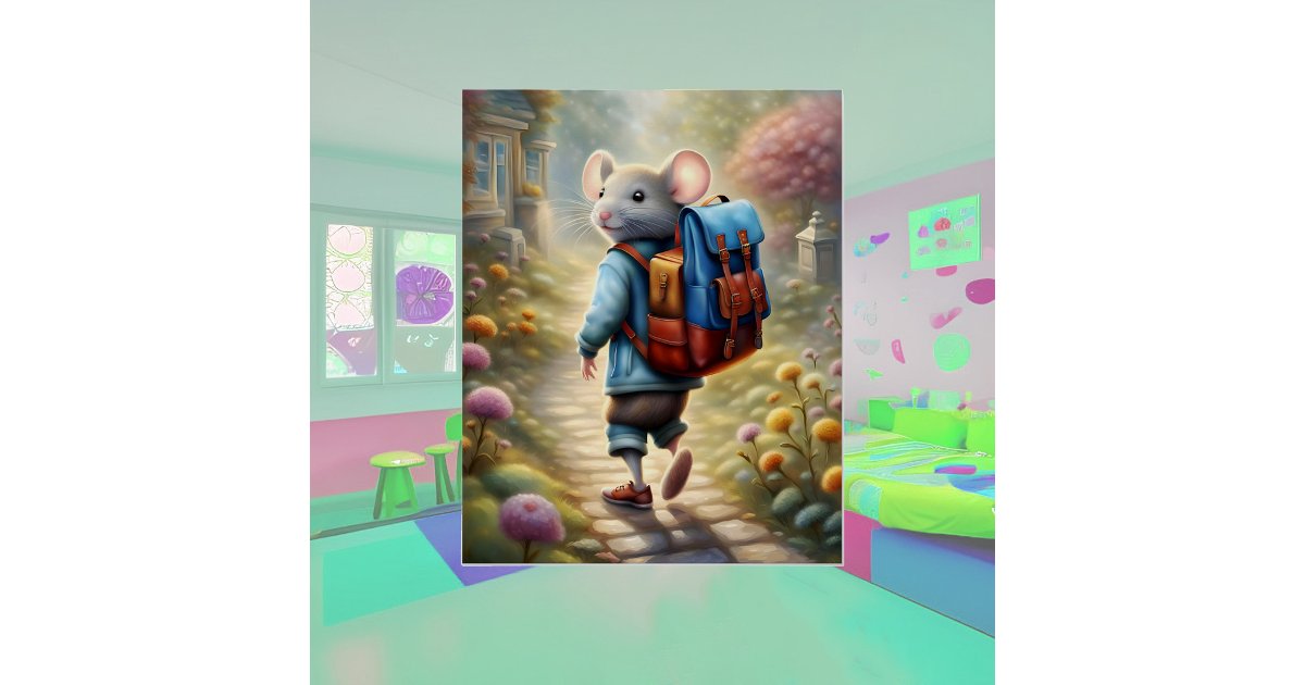 Cute mouse boy on his way to school, poster | Zazzle