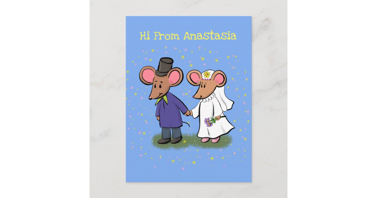 Cute mouse couple cartoon illustration postcard | Zazzle