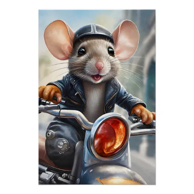 Cute Mouse Helmet and Jacket Riding a Motorcycle Poster | Zazzle