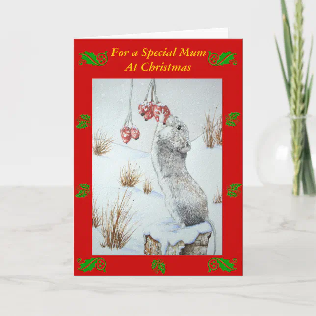 Cute mouse red berries snow scene wildlife versed holiday card | Zazzle