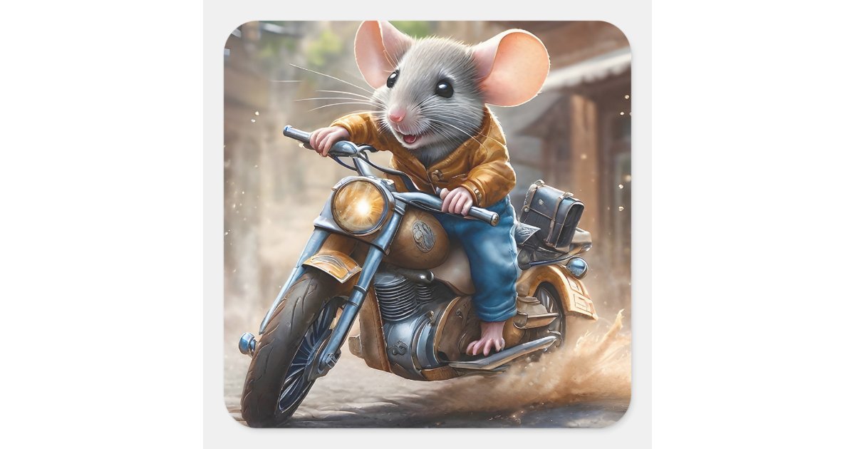Cute Mouse Riding a Motorcycle Square Sticker | Zazzle