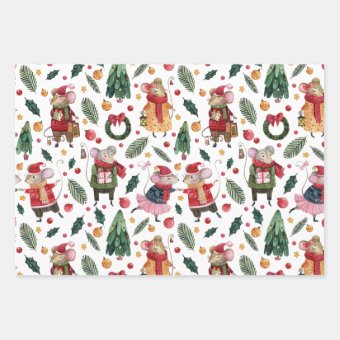 Cute Mouse Themed Christmas Pattern Wrapping Paper Sheets | Zazzle