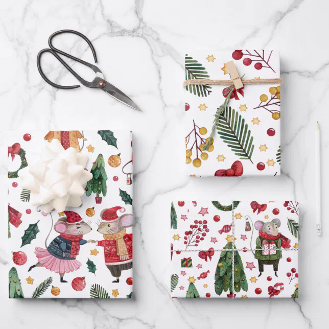 Cute Mouse Themed Christmas Pattern Wrapping Paper Sheets | Zazzle