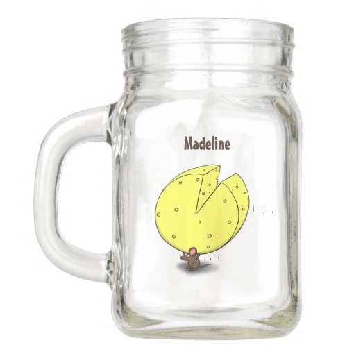 Cute mouse with cheese cartoon illustration mason jar | Zazzle