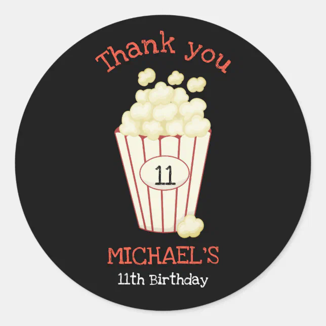 Cute Movie Night Birthday Party Popcorn Simple Classic Round Sticker ...