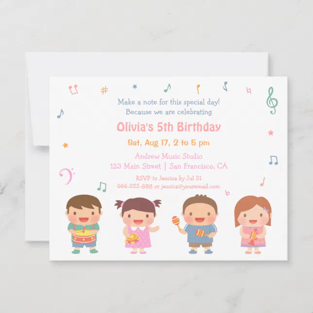 Cute Music Themed Kids Birthday Party Invitations | Zazzle
