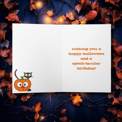 Cute n Spooky Cat and Pumpkin Halloween Birthday Card | Zazzle