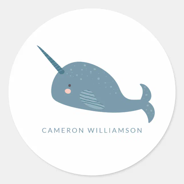 Cute Narwhal in Blue Personalized Classic Round Sticker | Zazzle