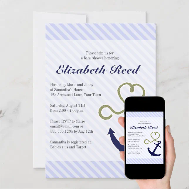 Cute Nautical Baby Shower Anchor with Heart Rope Invitation | Zazzle