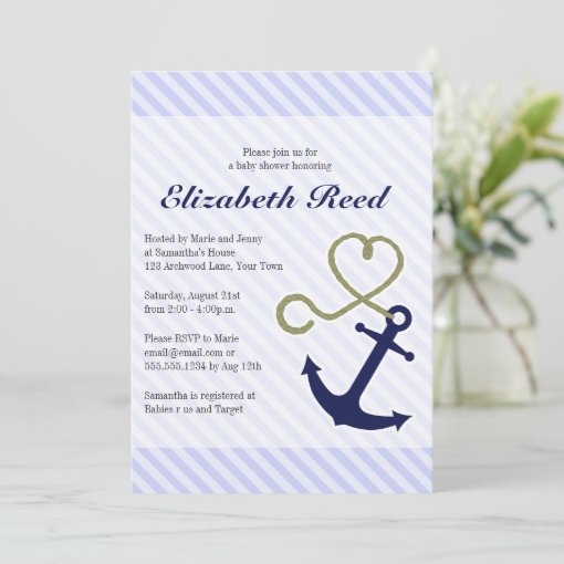 Cute Nautical Baby Shower Anchor with Heart Rope Invitation | Zazzle