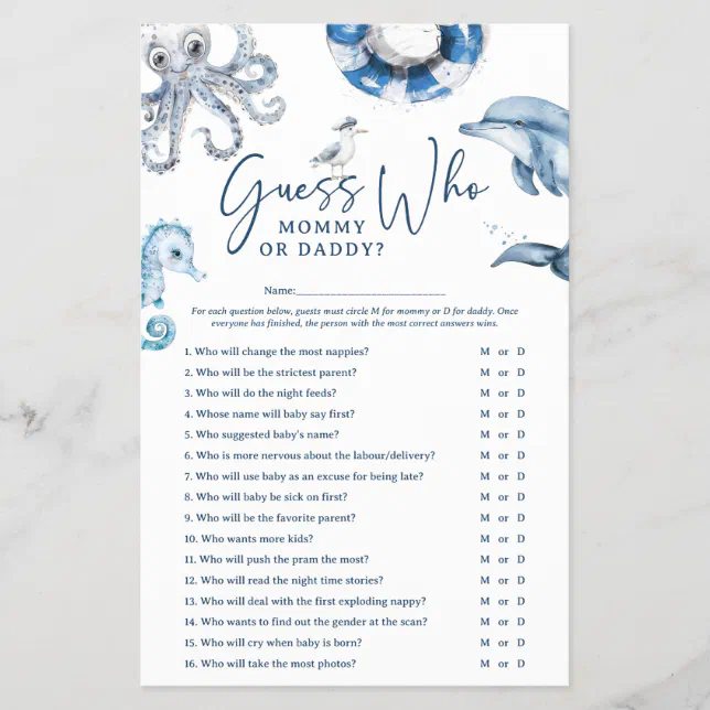 Cute Nautical 'Guess Who' Baby Shower Game Flyer | Zazzle