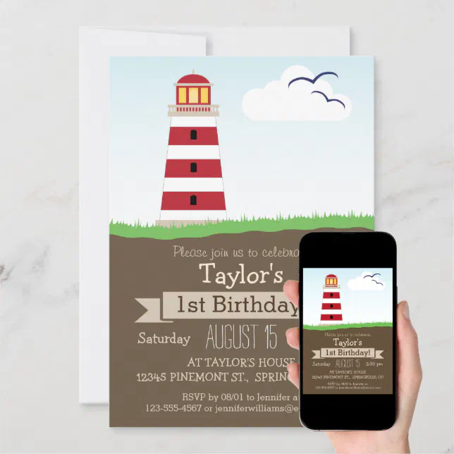 Cute Nautical Lighthouse Kid's Birthday Party Invitation | Zazzle