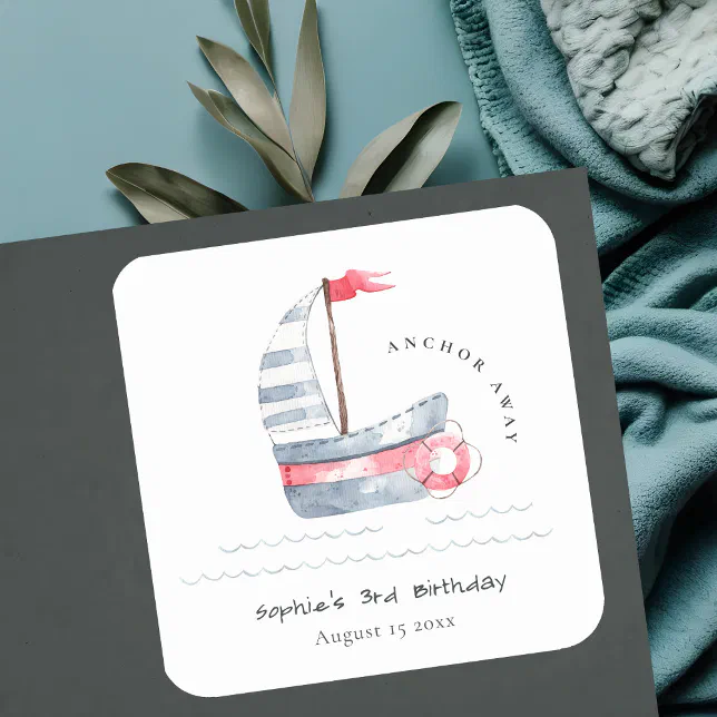 Cute Nautical Soft Red Blue Sailboat Kids Birthday Square Sticker | Zazzle