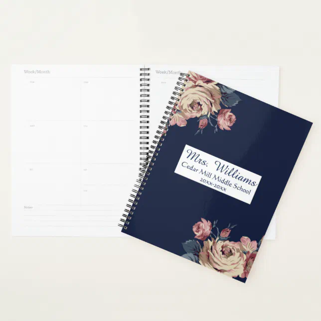 Cute Navy Blue Floral Personalized Teacher Planner | Zazzle