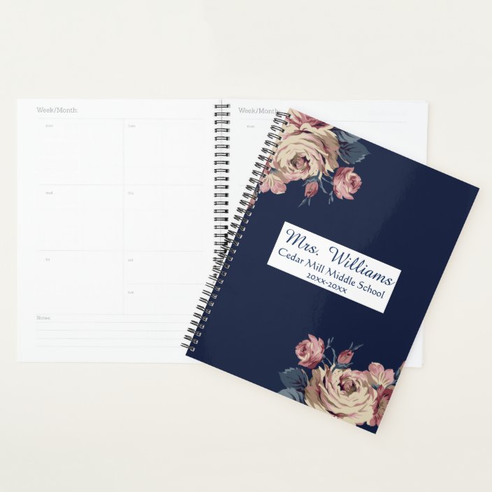 Cute Navy Blue Floral Personalized Teacher Planner | Zazzle.com