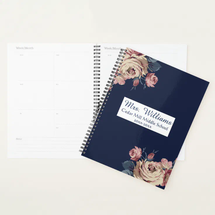 Cute Navy Blue Floral Personalized Teacher Planner | Zazzle