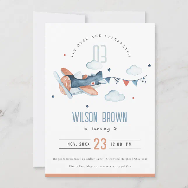 Cute Navy Fly Over Plane Garland Birthday Invite | Zazzle