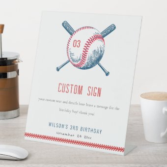 Cute Navy Red Baseball Bat Birthday Custom Party Pedestal Sign | Zazzle