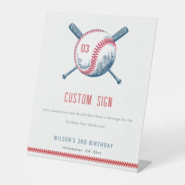 Cute Navy Red Baseball Bat Birthday Custom Party Pedestal Sign | Zazzle