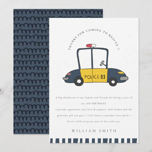 Cute Navy Rescue Police Car Kids Any Age Birthday Thank You Card | Zazzle