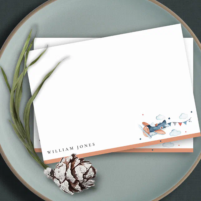 Cute Navy Rust Plane Cloud Sky Stars Kids Birthday Note Card | Zazzle