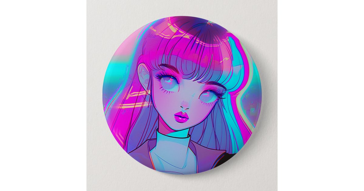 Cute Neon Anime Girl Button | Zazzle