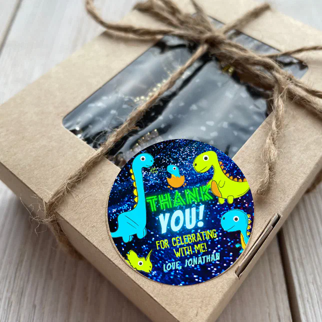 Cute Neon Colorful Dinosaurs Boy Party Thank You Classic Round Sticker ...