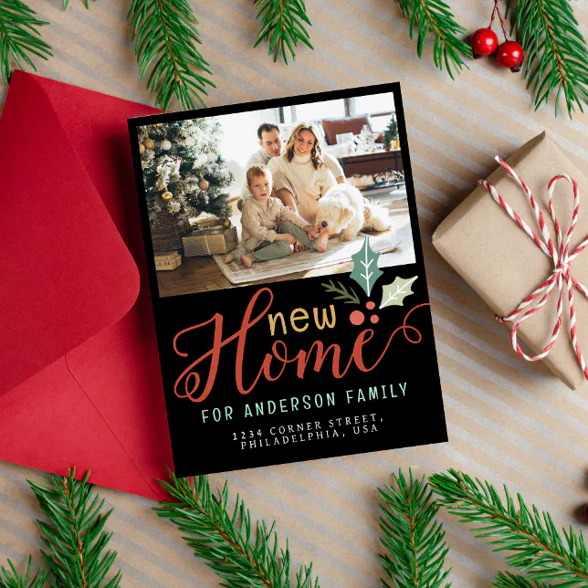 Cute New Home Christmas Holiday Moving Photo Black Announcement ...
