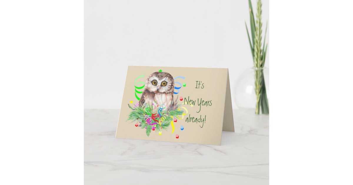 Cute New Years Owl Humor, Watercolor Bird Holiday Card | Zazzle