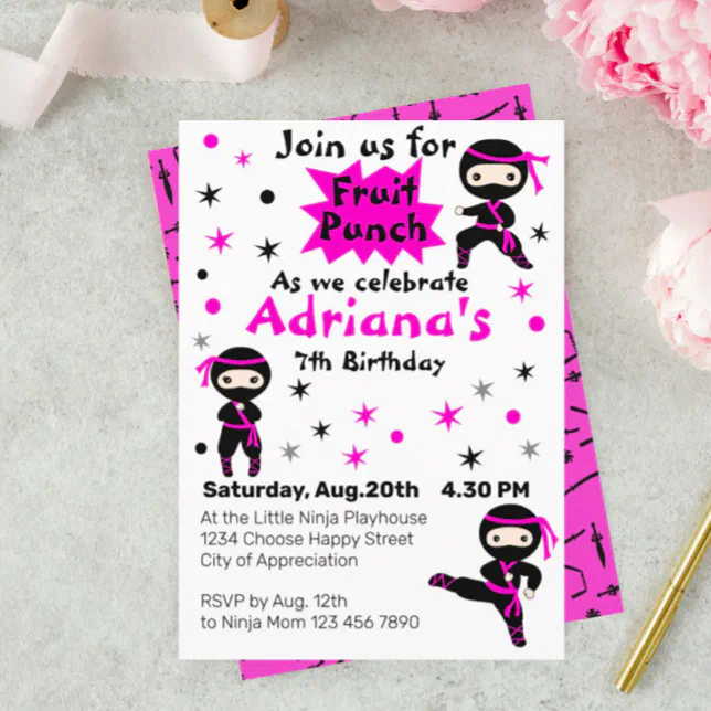 Cute Ninja Kids Warrior Girls Pink Birthday Party Invitation | Zazzle