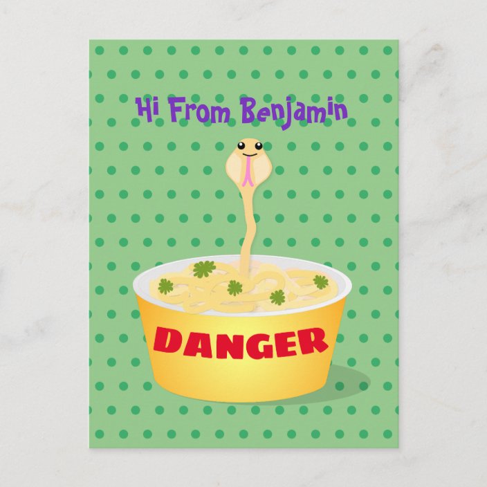 Cute noodles snake cartoon illustration humor postcard | Zazzle