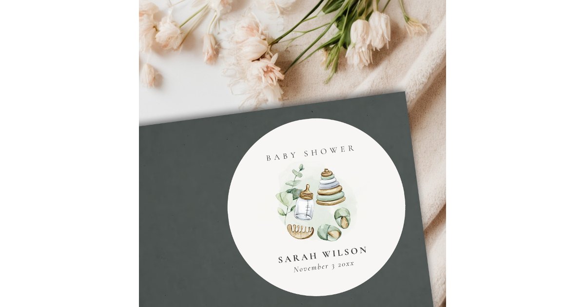 Cute Nursery Essential Leafy Green Baby Shower Classic Round Sticker ...